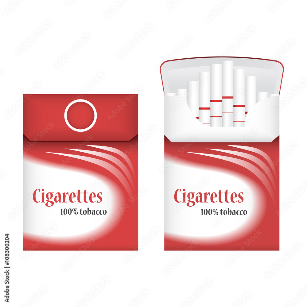 Closed red pack of cigarettes. Open pack of cigarettes. Cigarettes pack ...