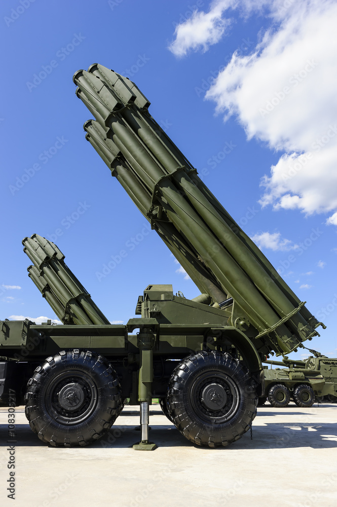 Heavy missile launchers on powerful mobile transportations standing in ...