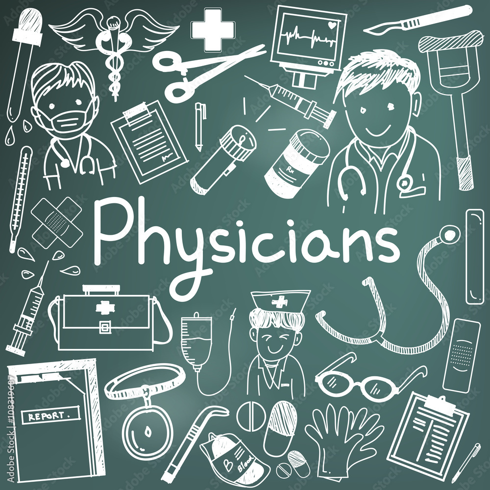 Physician doctor and other medic professions doodle cartoon icons of ...