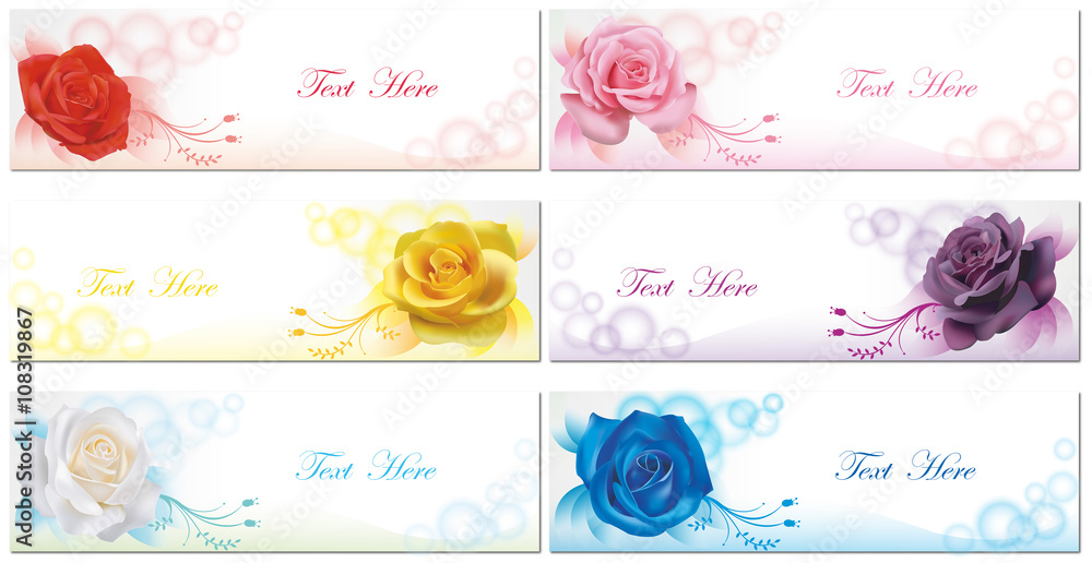 6 Color roses banner background collection set in isolated background ...