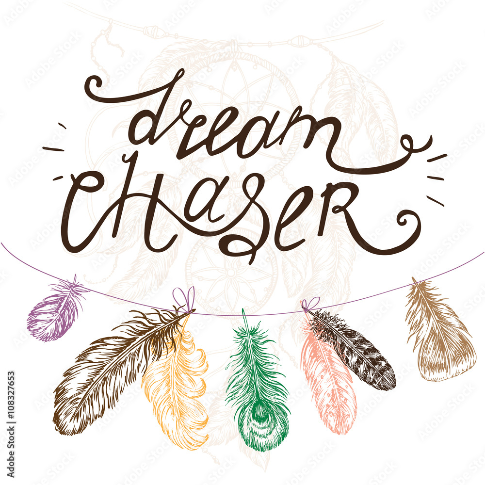 hand drawn illustration Dreamcatcher and dream chaser lettering Stock ...