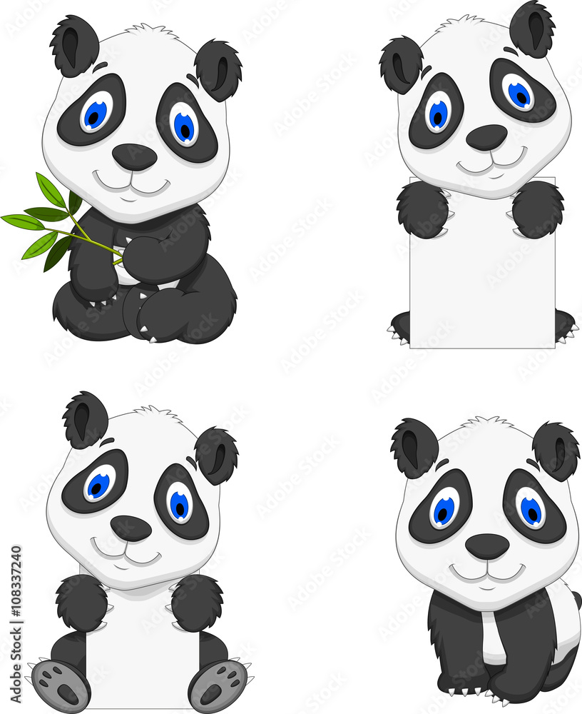 four panda cartoon with forest landscape background Stock Vector ...