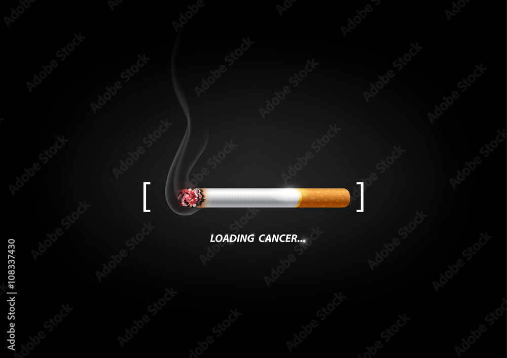 Stop smoking concept advertisement, cigarette burning as cancer loading ...