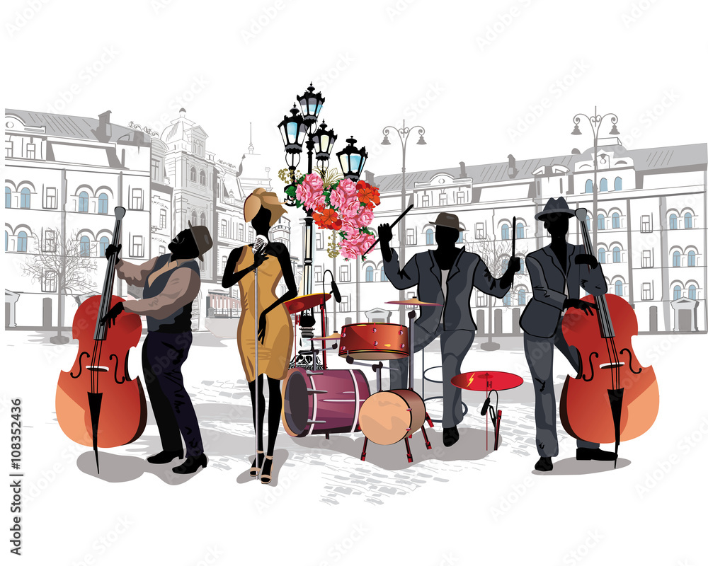 Series of the streets with musicians in the old city. Stock Vector ...