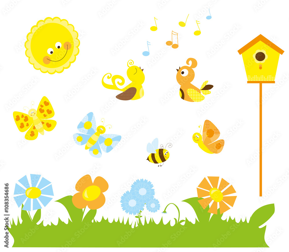 Set of cute cartoon nature elements : spring / summer collection for ...