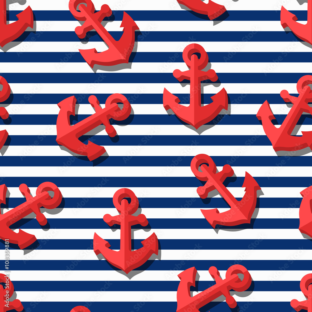 Vector seamless pattern with 3d stylized red anchors and blue navy ...