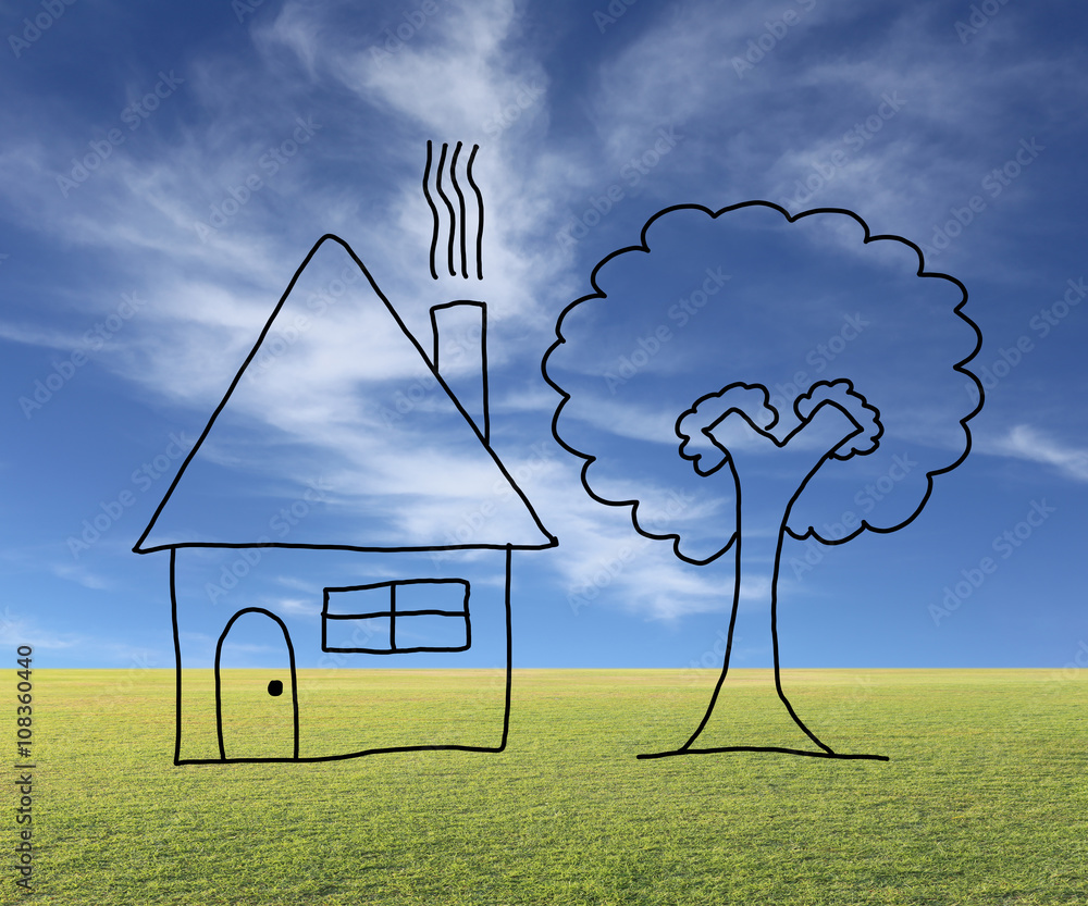 Hand drawn home and big tree of building a house concept. Stock Photo ...