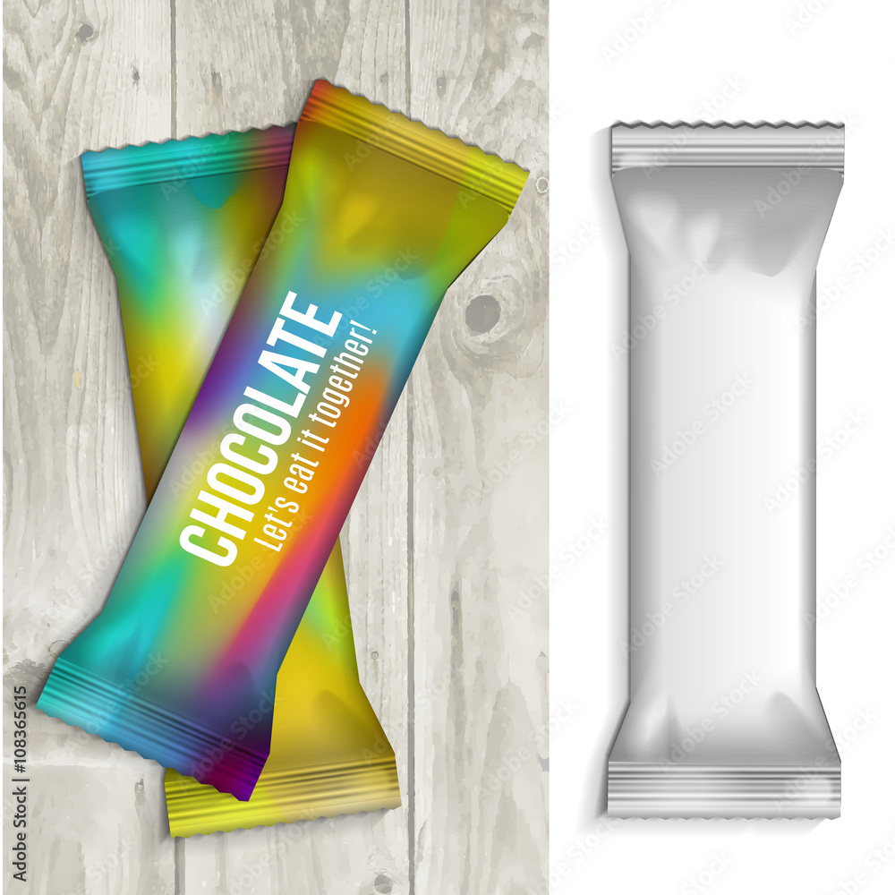 visual of white or clear plain flow wrap plastic foil packet, packaging ...