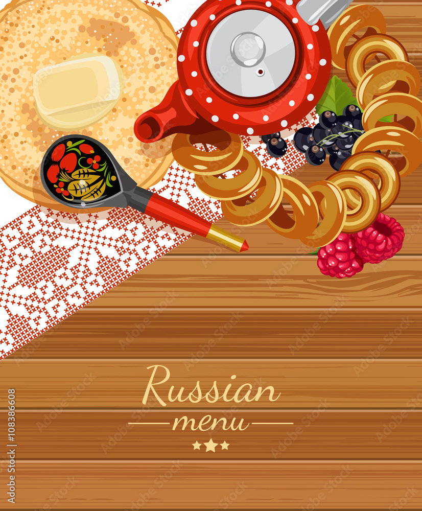 Vector food illustration. Russian cuisine. Top view. Russia. Menu ...
