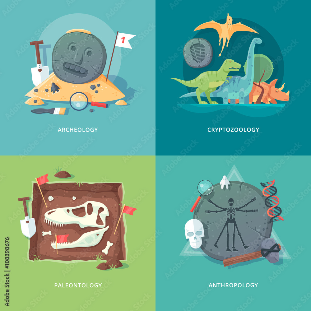 Education and science concept illustrations. Archeology, cryptozoology ...