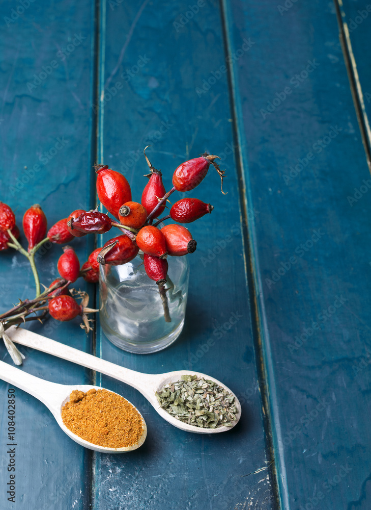 Dog roses and essential oil, bunch of dog rose,Different types Rosa ...