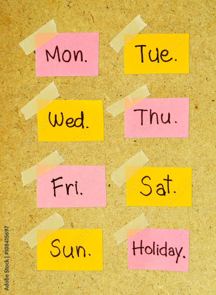 Days of the week note with masking tape on wood background. Stock Photo ...