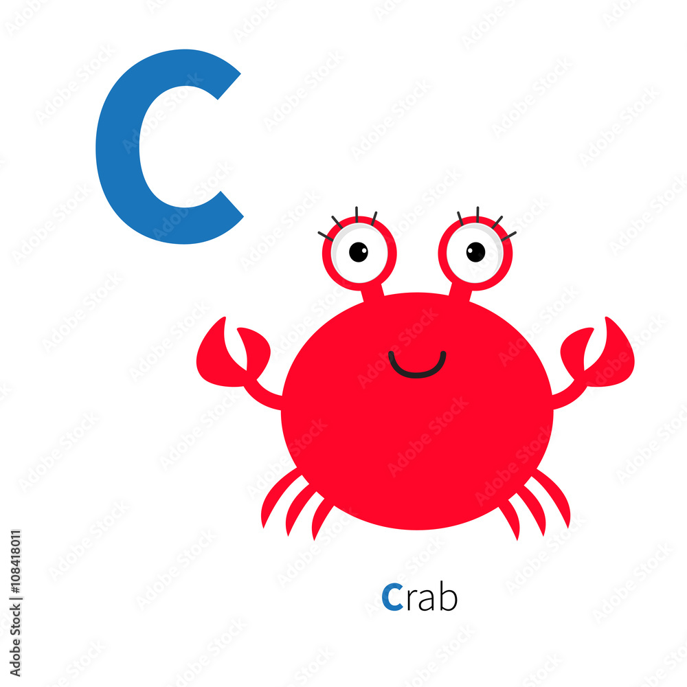 Letter C Crab Zoo alphabet. English abc with animals Education cards ...