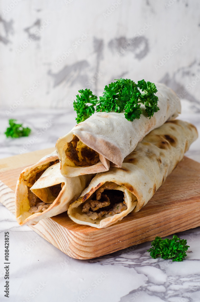 Lahmacun shape roll - turkish or arabian pizza with miced meat and ...