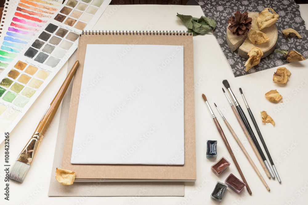 Mockup with watercolor paints, color palette and paint brushes. Cute ...