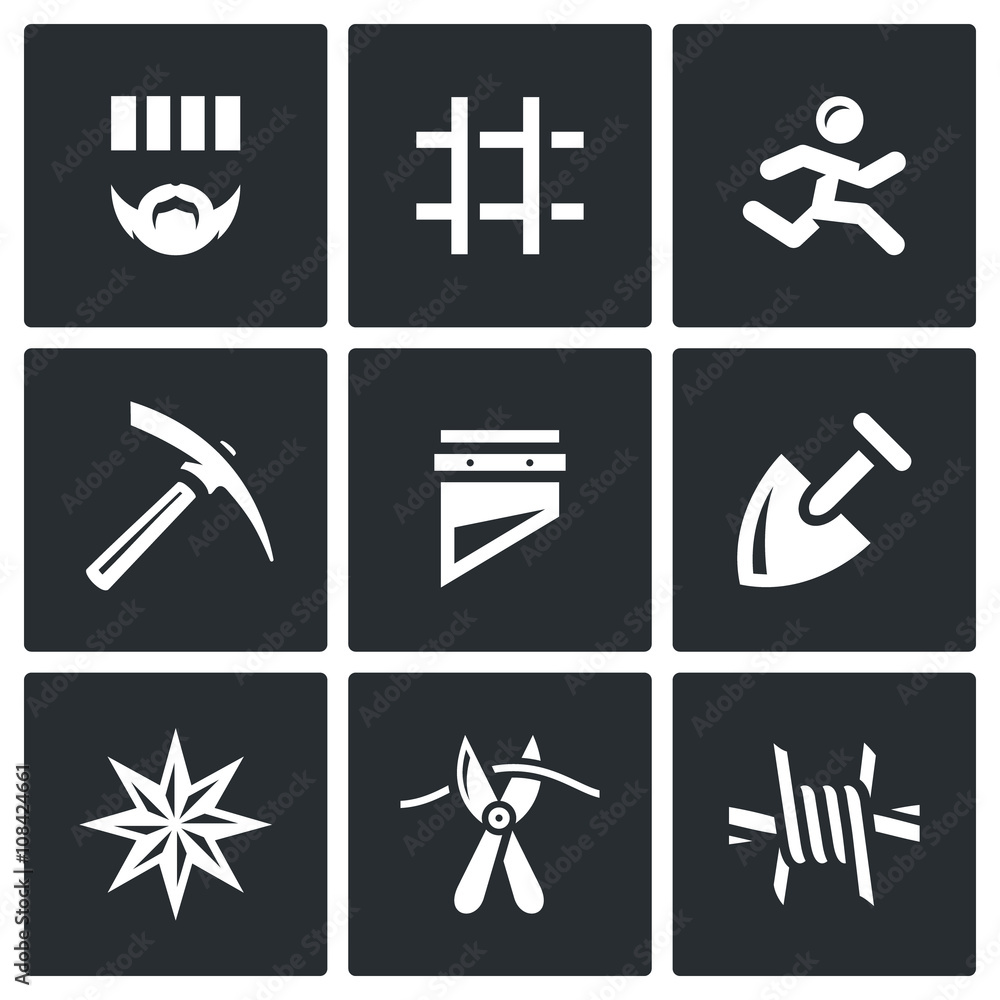 Vector Set of Prison Icons. Prisoner, Detention, Cell, Escape, Work ...