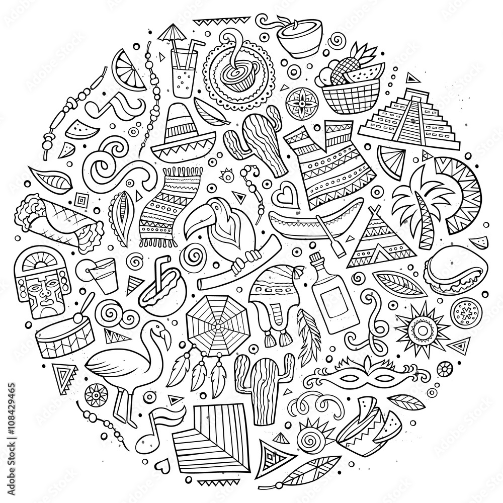 Line art vector hand drawn doodle cartoon set of Latin American Stock ...