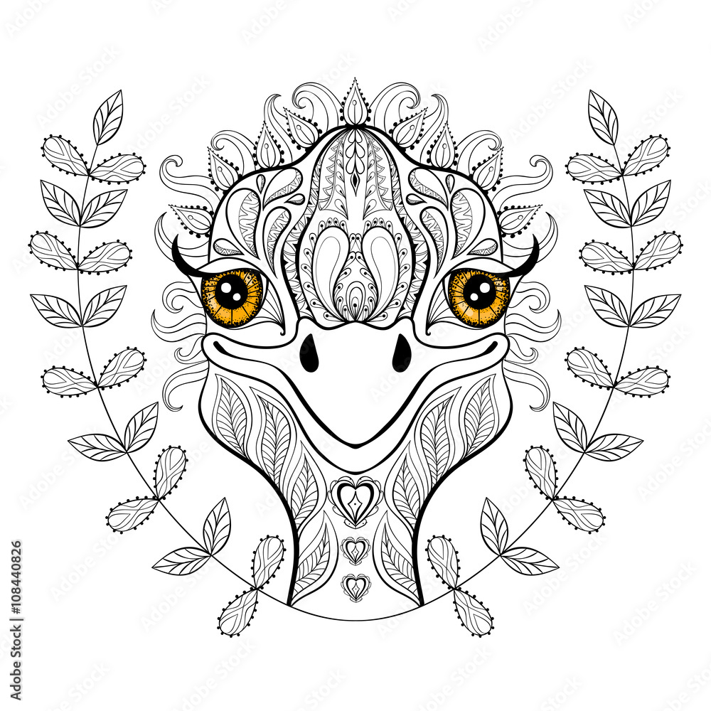 Vector ostrich for adult coloring page. Hand drawn funny ostrich Stock ...