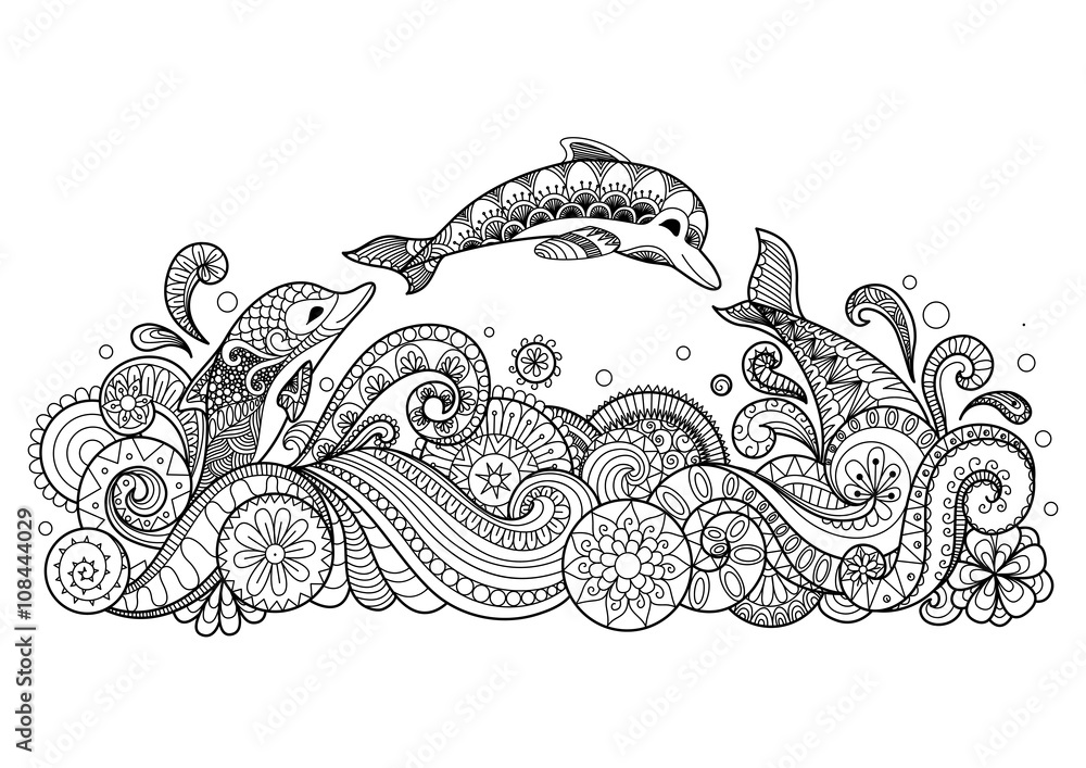 Hand drawn zentangle dolphin with scrolling sea wave for coloring book ...