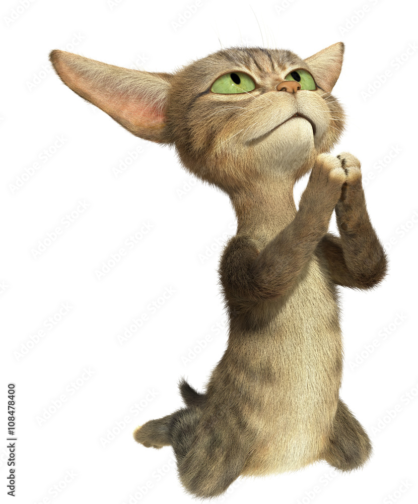 Cat praying on his knees. 3d illustration. Isolated white background ...