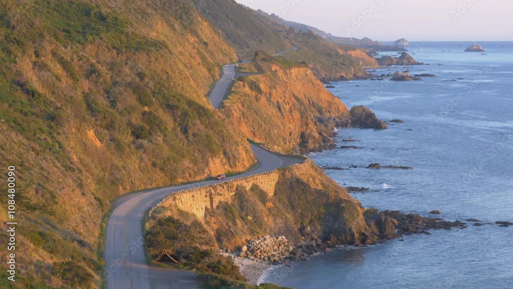 Panning view at sunset from above of Pacific Coast Highway (aka ...