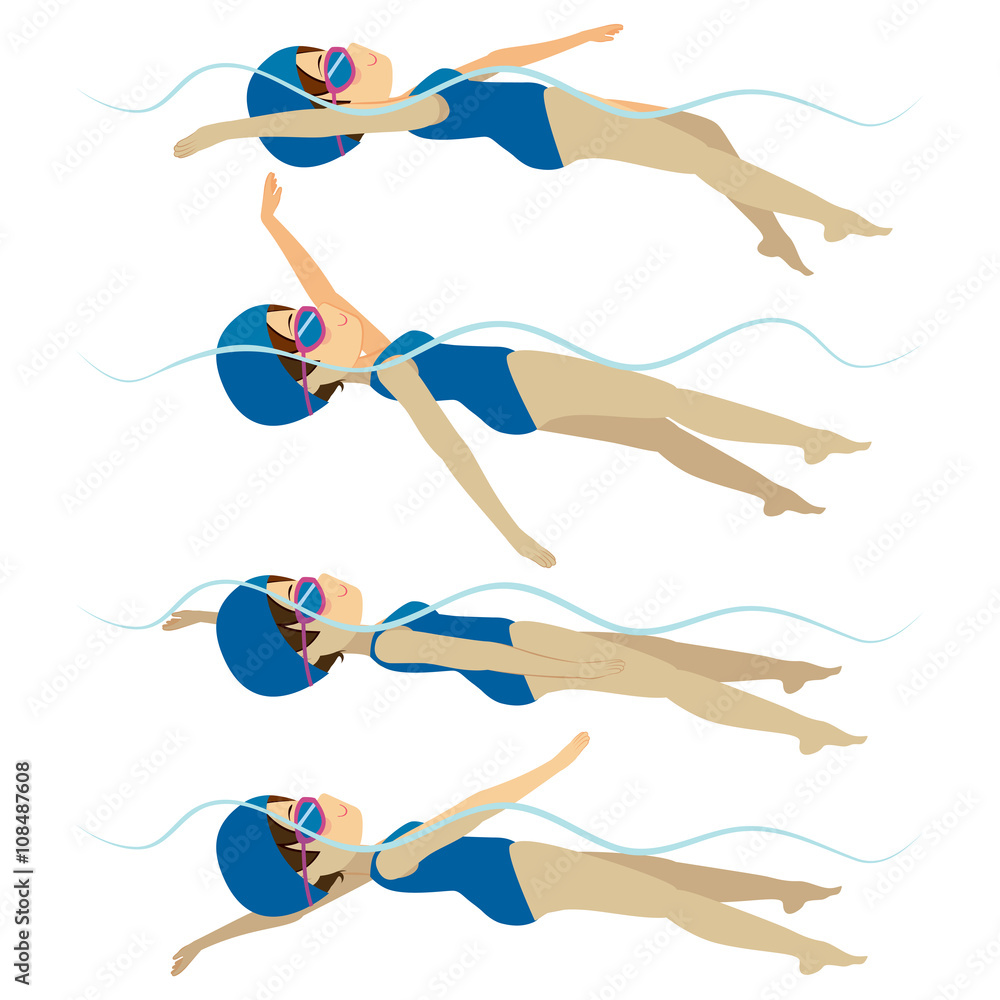 Set with athlete woman swimming backstroke stroke on various different ...