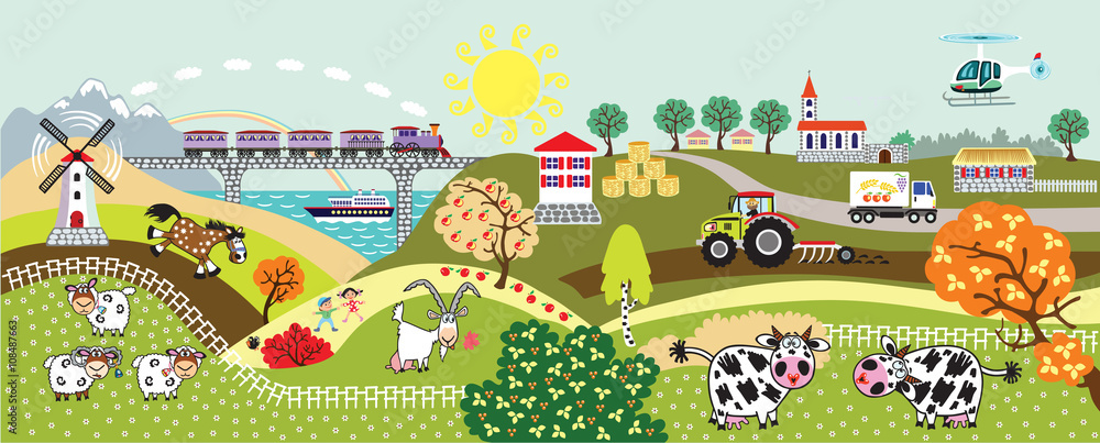cartoon countryside rural landscape with farm animals,tractor, train ...