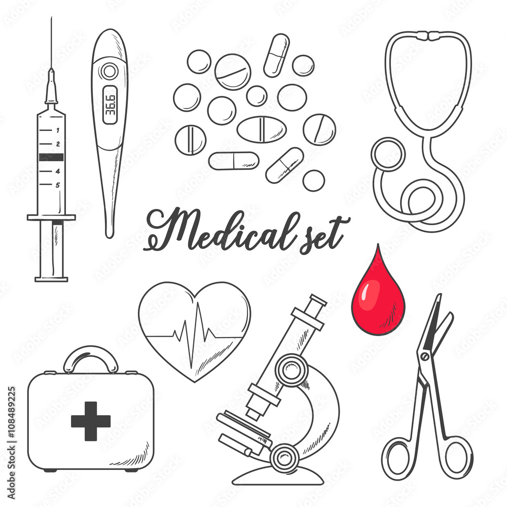 Tools for medical research, the icons on the white background, line ...