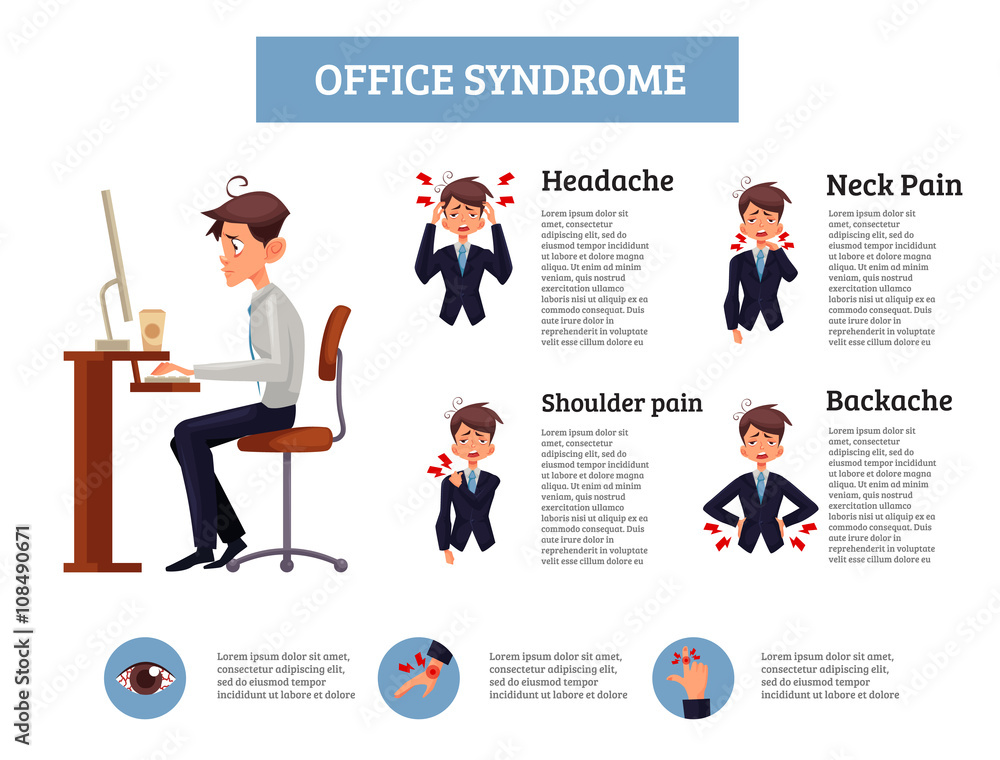 Infographics office syndrome, illustration of a man sitting at a work ...