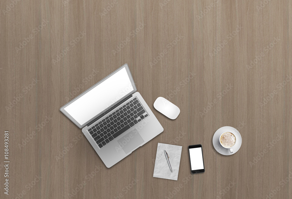 Office desk business top view image for mock up. Wooden background ...