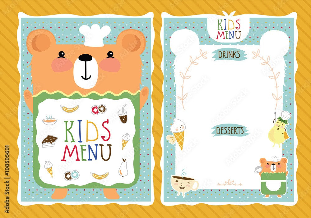 Kids menu bitmap template, cartoon design with funny characters. Stock ...