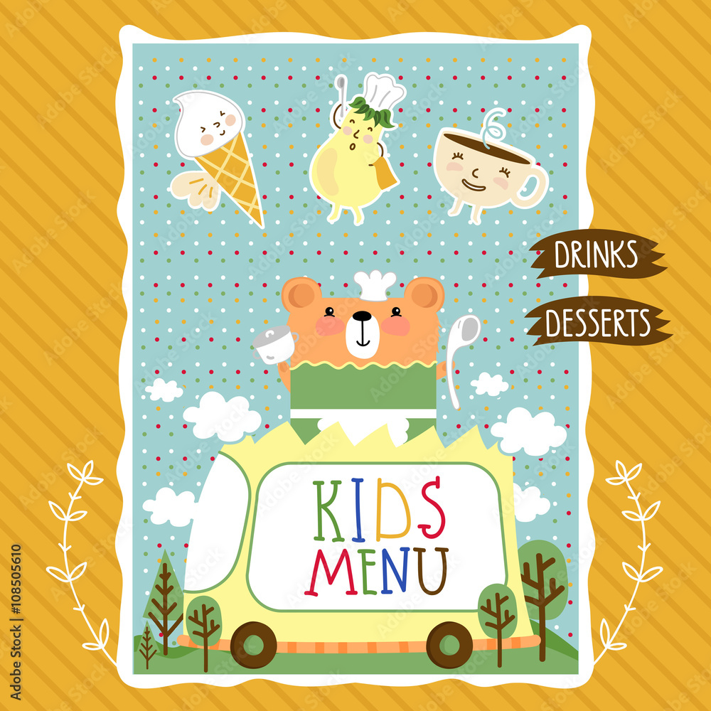 Kids menu bitmap template, cartoon design with funny characters. Stock ...