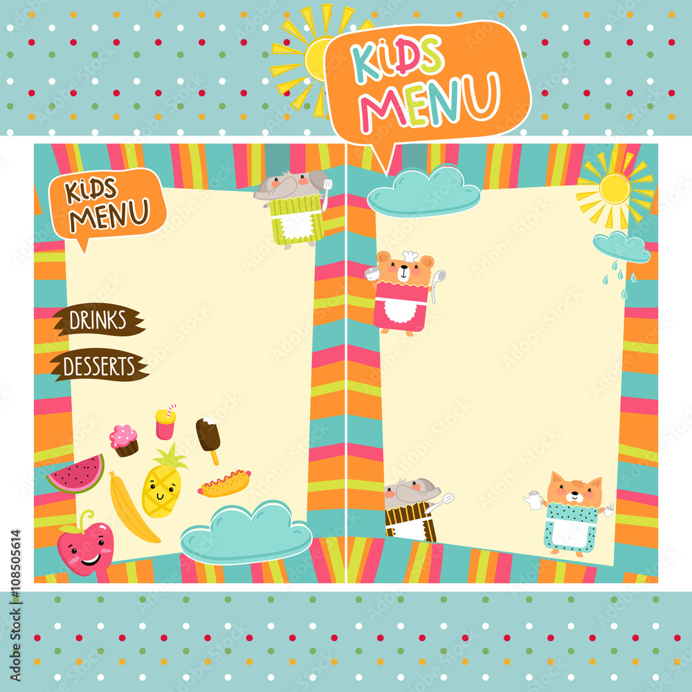 Kids menu bitmap template, cartoon design with funny characters. Stock ...
