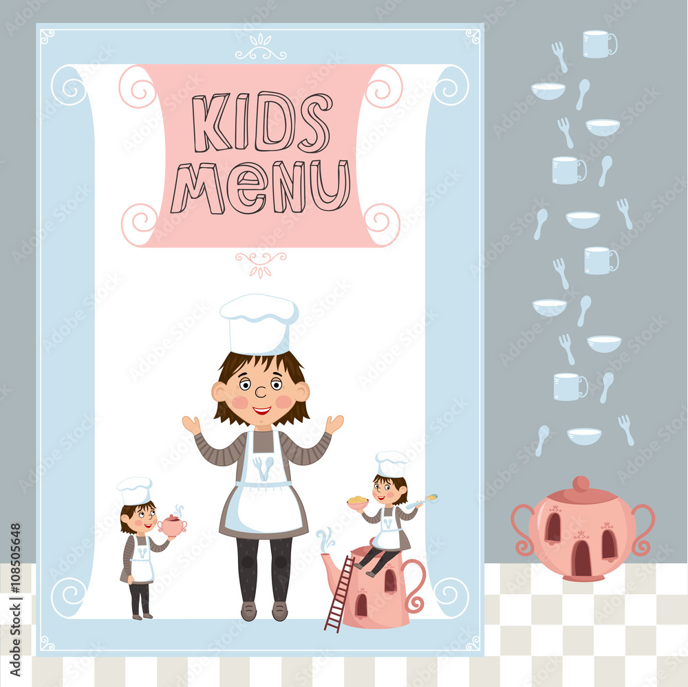 Kids menu bitmap template, cartoon design with funny characters. Stock ...
