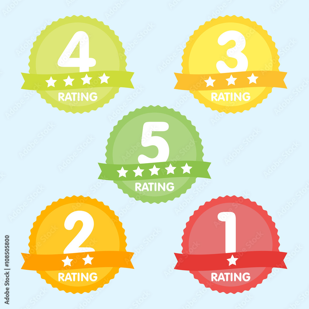 Rating label with five different label with star and place icon. Bitmap ...