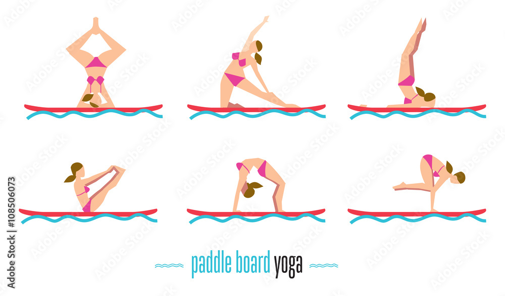 Paddle board yoga set, sup yoga. Six different poses on the paddle ...