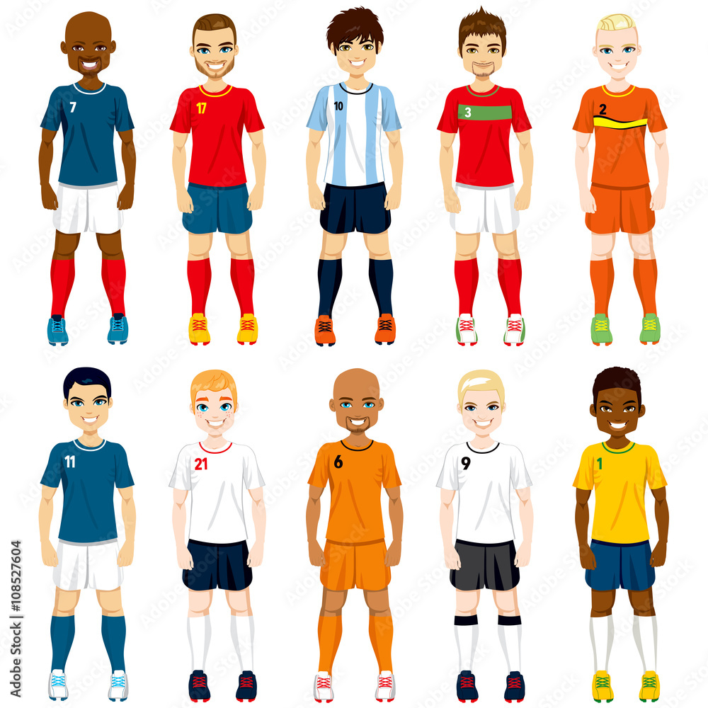 Collection set of soccer players in different national team uniforms ...