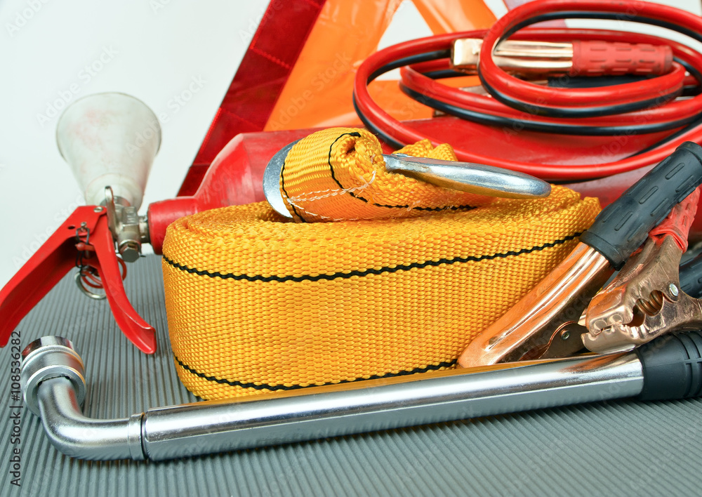 Elements of the essentials for a passenger car. Danger Safety Warning ...