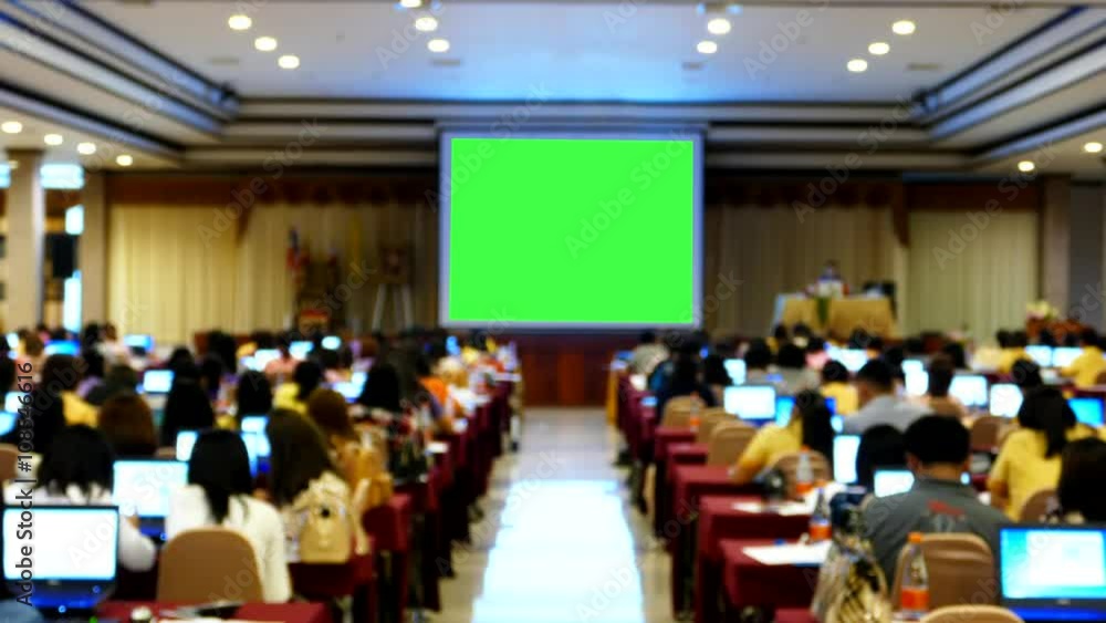 Blank green screen set in front of meeting room, concept blur action ...