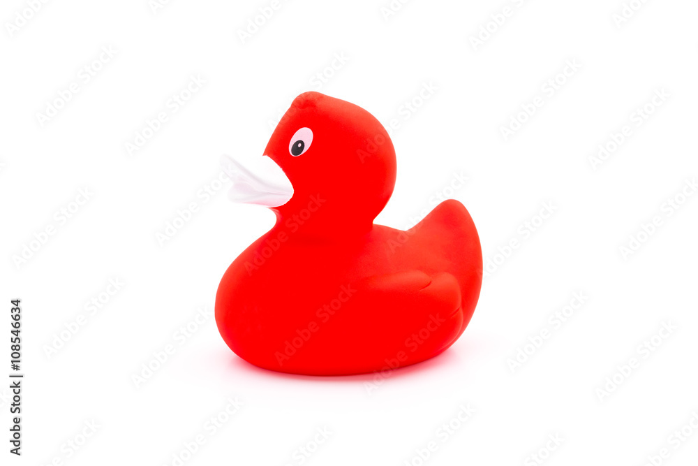 Red rubber bath duck with. Isolated on white background. Stock Photo ...