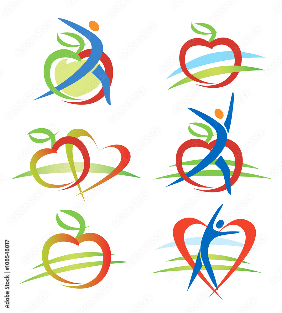 Apple health icons. Icons with apple and fitness human silhouette ...