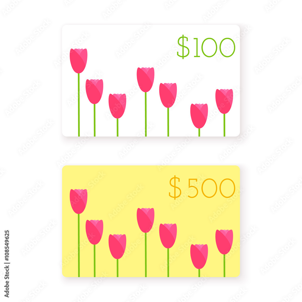 Vector flat style gift card template $100 and $500. Spring voucher ...