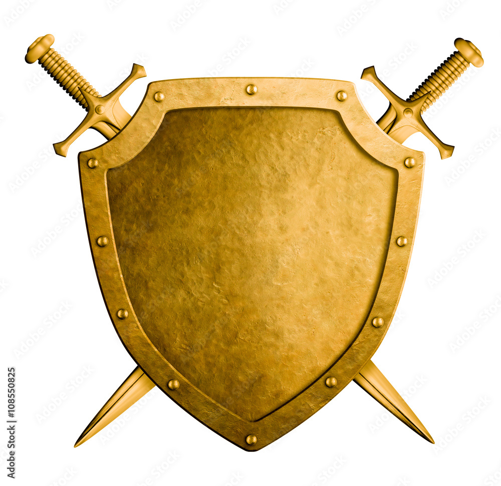 Gold Medieval Coat Of Arms Shield And Two Swords Isolated Stock Illustration Adobe Stock