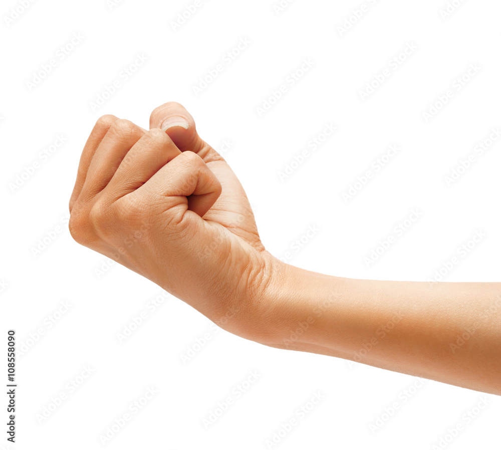 Woman's hand clenched fist raised, isolated on white background, Riot ...