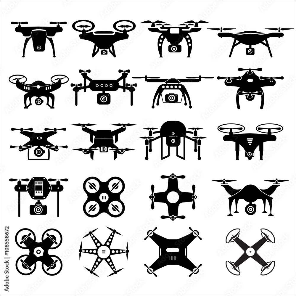 Drones vector set. Flat design element drone and controller connecting ...