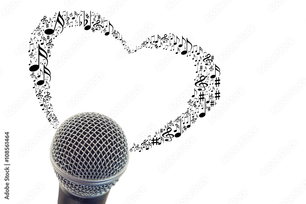 Heart collected from musical notes with microphone on white back Stock ...