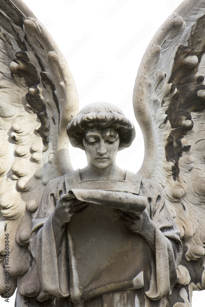 Statue of a peaceful angel reading a scroll with isolated background ...