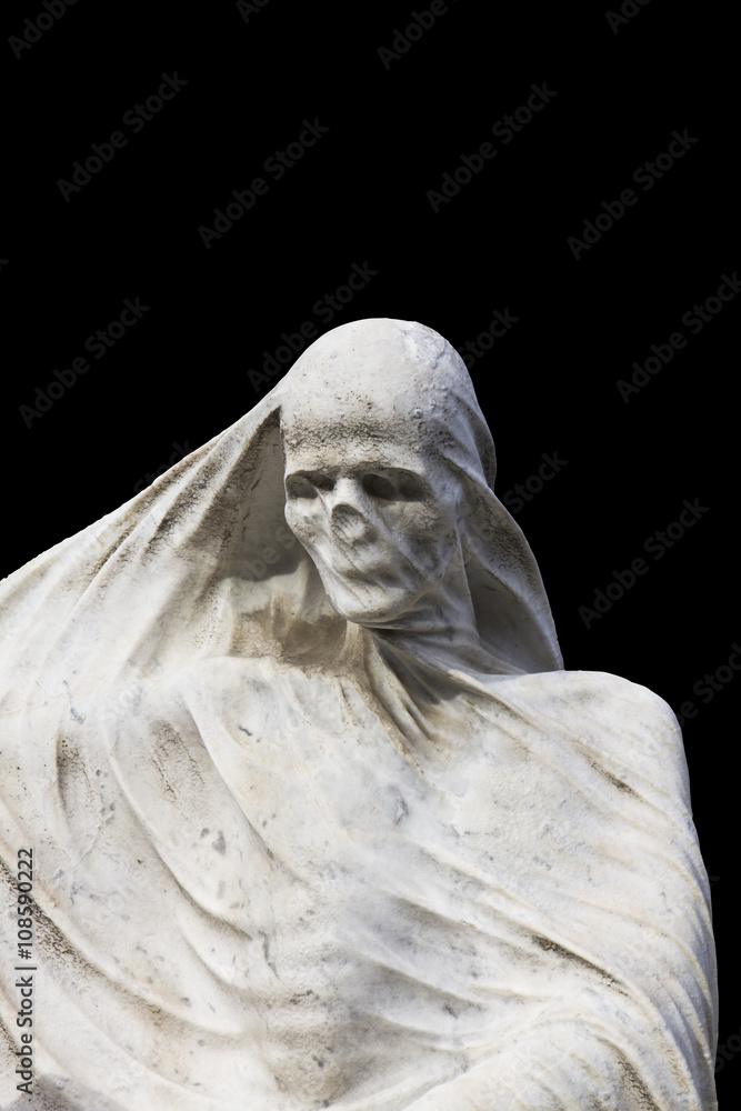 Statue of the Death focusing on head skull and torso with a veil on ...