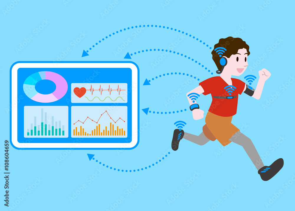 running man who wears various wearable devices, vital sign sensing and ...