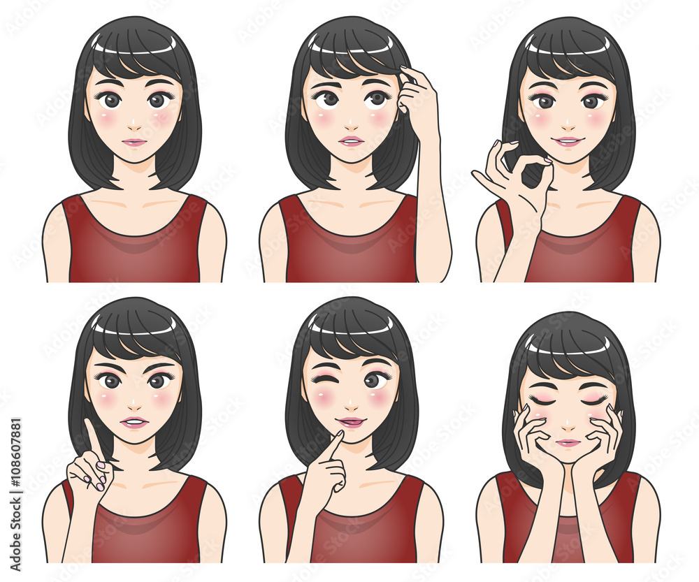 asian woman character set, various pose and expression, cartoon ...
